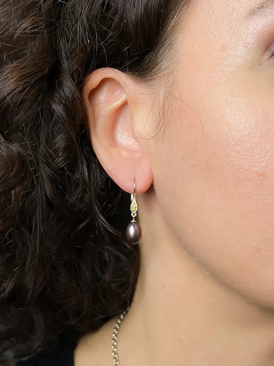 Серьги с подвесками, желтое золото, 375 проба, жемчуг, бриллиант