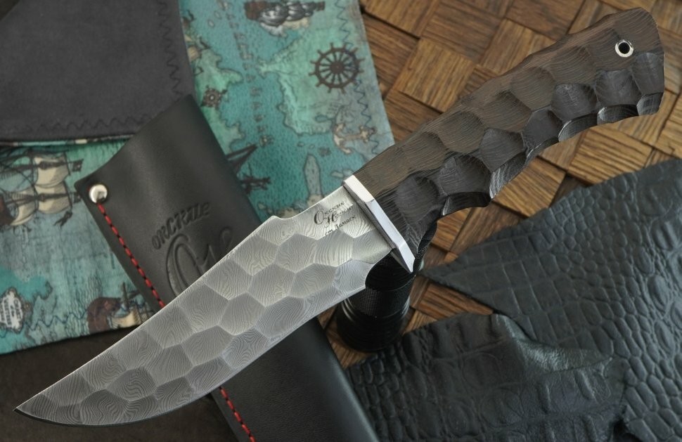 Окские Ножи нож Осетр, клинок дамаск, битый камень, рукоять стабилизированное дерево