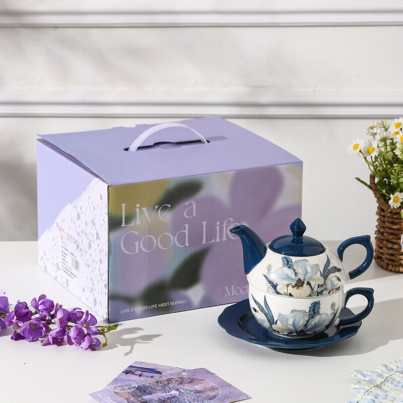 Керамический чайный сервиз с цветочным узором "Ирис" с чайником и чашками "мать-и-дочь", винтажный чайник и посуда для чаепития в английском стиле с цветочным узором, подарочный набор.