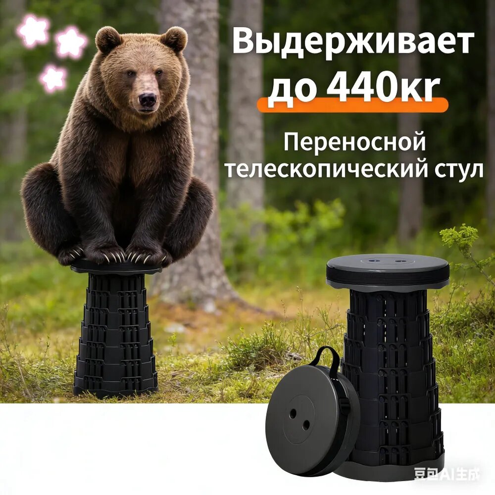 Табурет складной черный, выдерживает до 440 кг, 1 шт. для дома, улицы, общественных мест, пластиковый