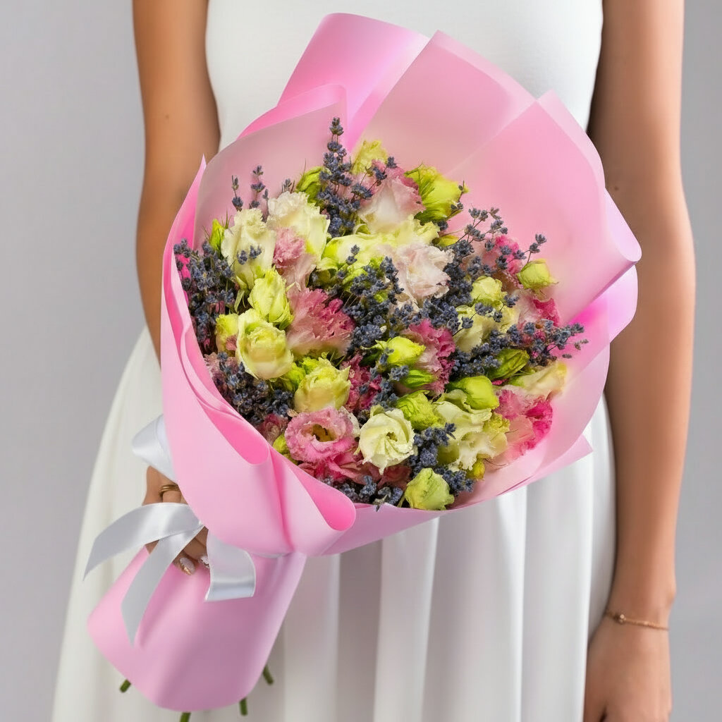 Дуо-букет Мегацвет24 "Эустома и Лаванда", розовый/лавандовый, дизайнерская упаковка