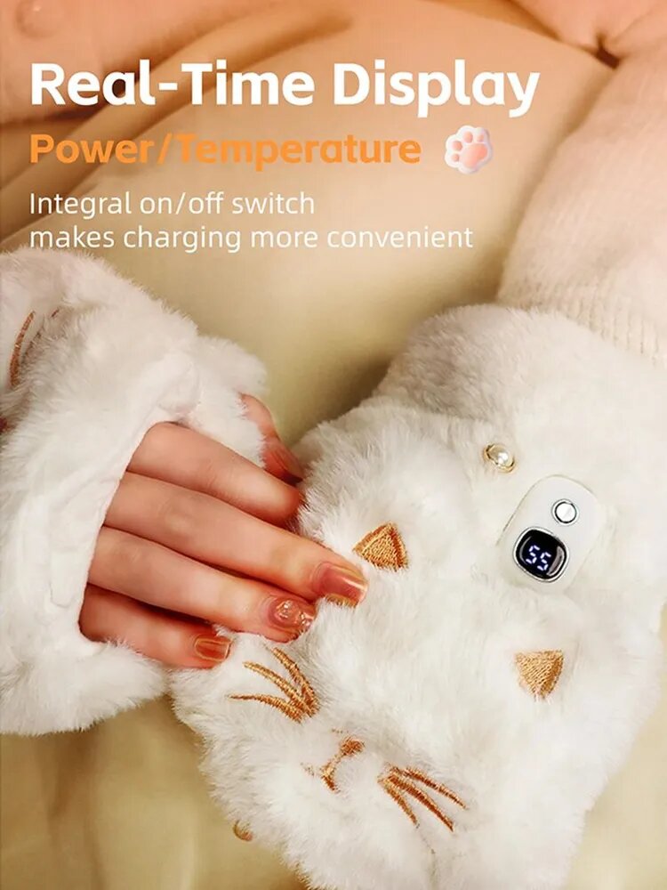 Мягкие теплые перчатки с подогревом в форме кошки для зимы, 2000mAh, унисекс, универсальный размер — фото 1