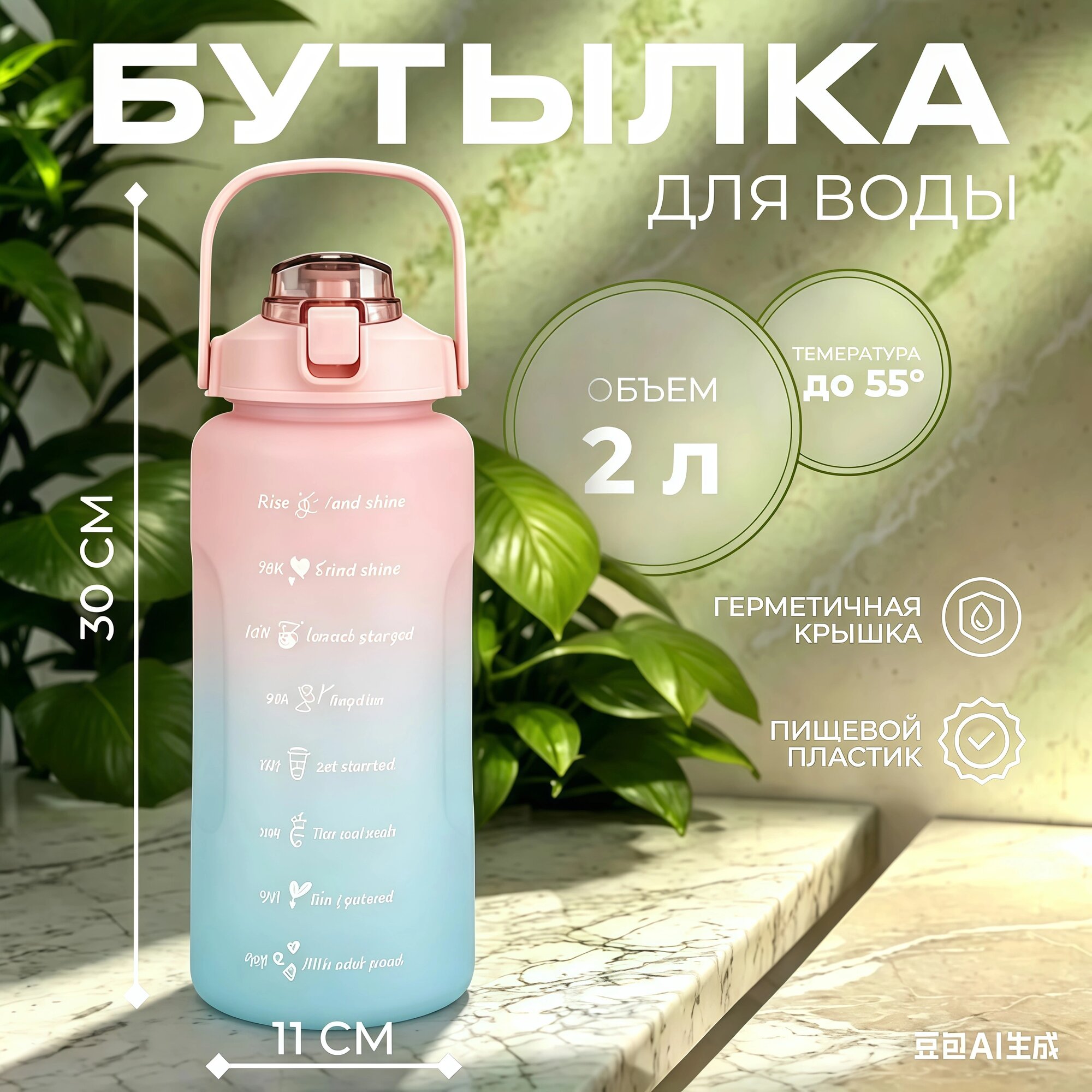 Бутылка для воды 2л, градиент, с отметками времени, спортивная, с трубочкой, для фитнеса, дачи, спорта