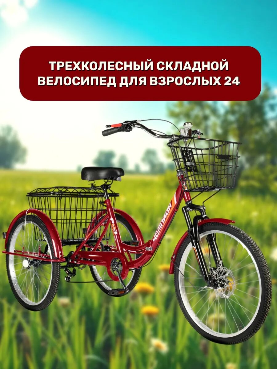 Трехколесный велосипед взрослый красный складной РВЗ Чемпион 24