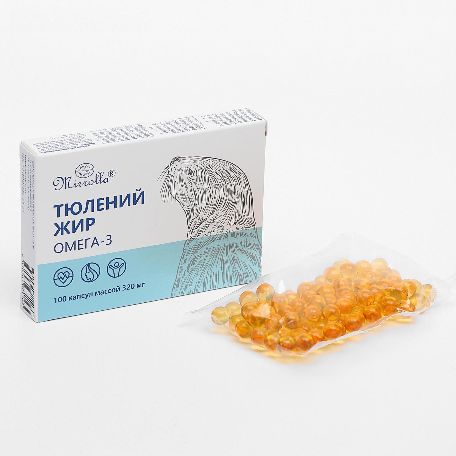 Тюлений жир Mirrolla "Омега-3", с витамином Е, 100 капсул, 320 мг
