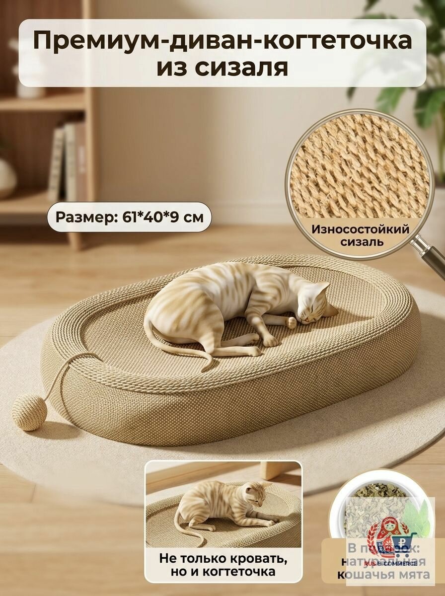 Когтеточка-лежанка для кошек 61х40х9 см. Напольная картонная когтеточка корыто с шариком и кошачьей мятой, овальное спальное место для защиты мебели.