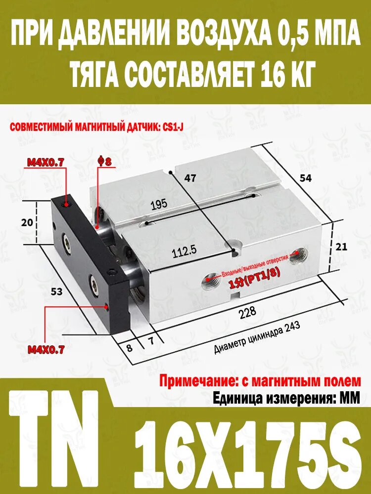 Серия TN, двухосный двухштоковый цилиндр, TN16*175S мм, ход поршня 175 мм, с магнитным приводом