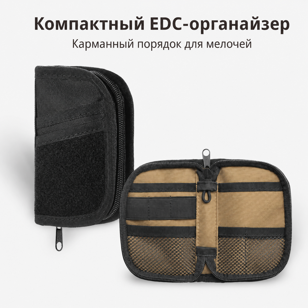 Компактный EDC-органайзер на молнии с карманами и панелью для патчей, чёрный