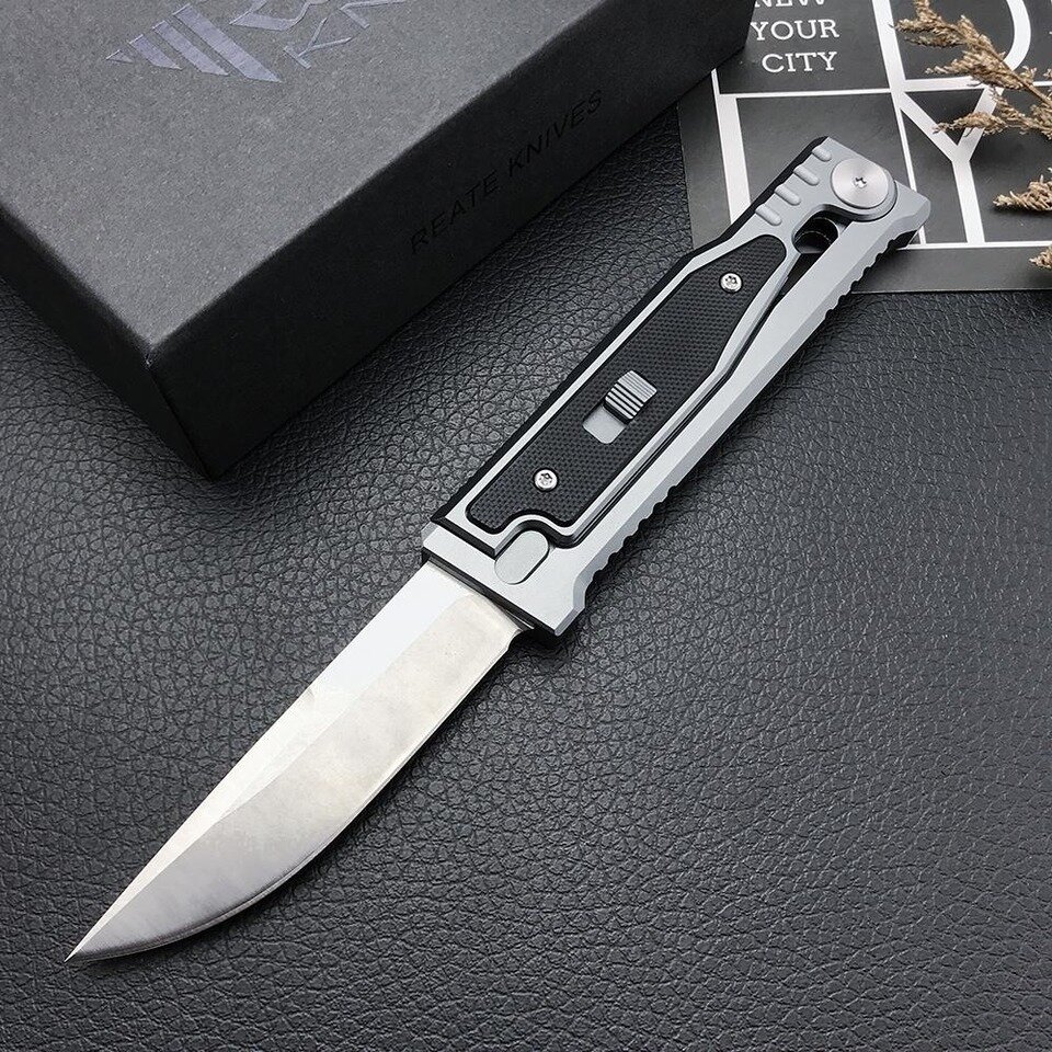 Складной нож Reate EXO-M Gravity с лезвием Drop Point длиной 2,95 дюйма из стали D2, вставкой из алюминия T6 и рукоятью из G10, с функцией блокировки, для охоты и активного отдыха.