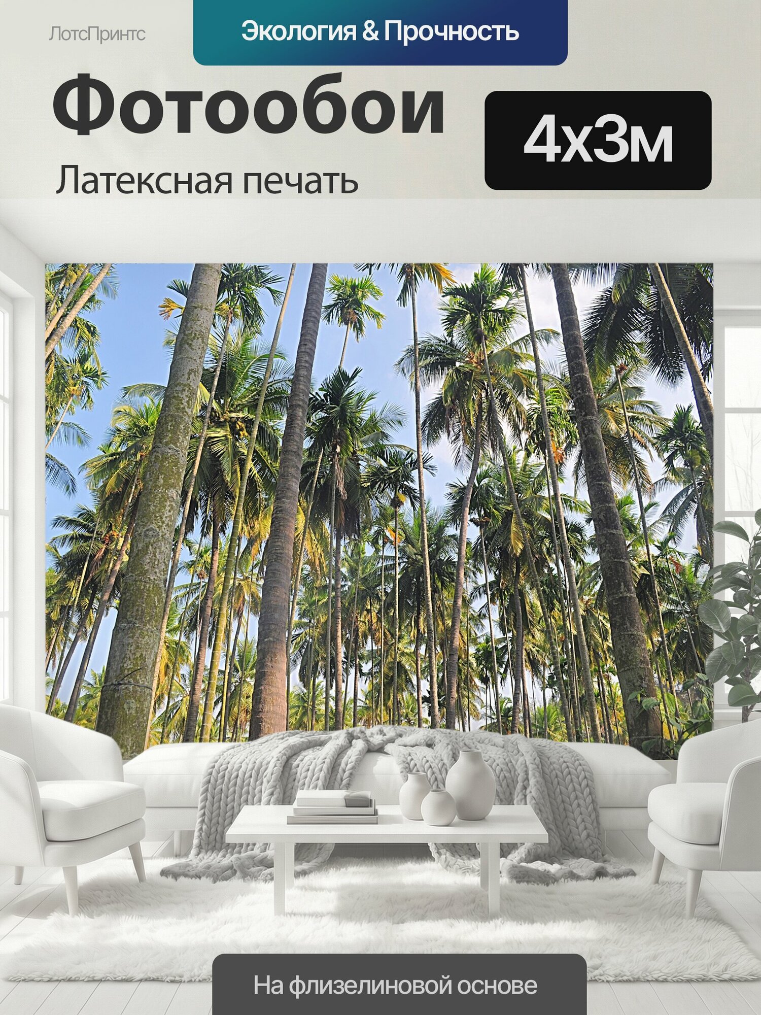 Фотообои моющиеся ударопрочные "Пальмовый лес 02 Sky-ракетные вид пальмового леса пальмы лес листва природа листья стволы деревья кластер" 400x300 см. латексная печать