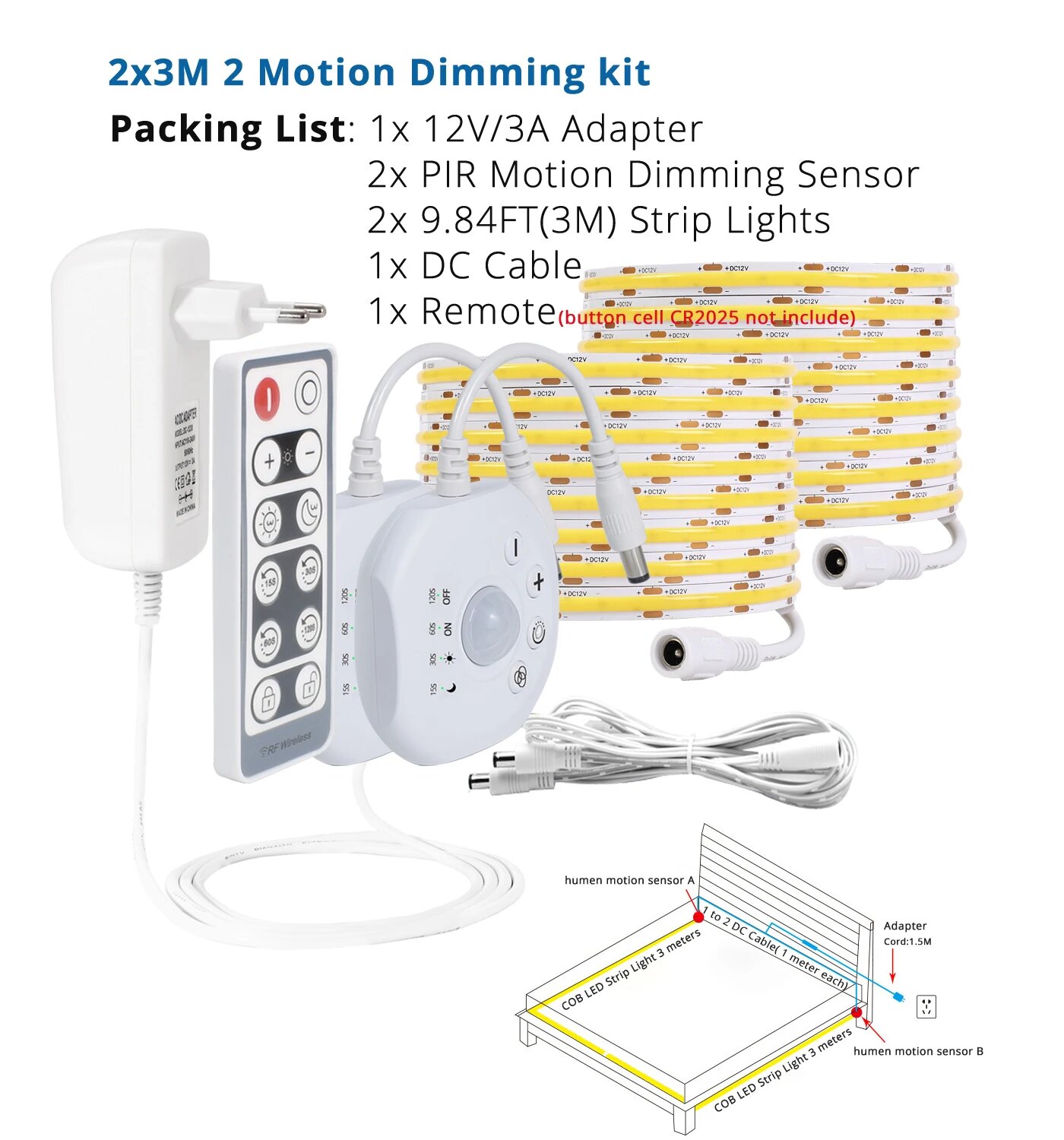Светодиодная лента для подсветки кровати с пультом и 2X3M 2 Motion Dimmer, Warm White 3000K, EU Plug