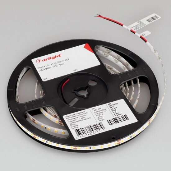 Светодиодная лента Arlight UL-A120-8mm 24V Day5000 (14.4 W/m, IP20, 5m) (, 7 лет)