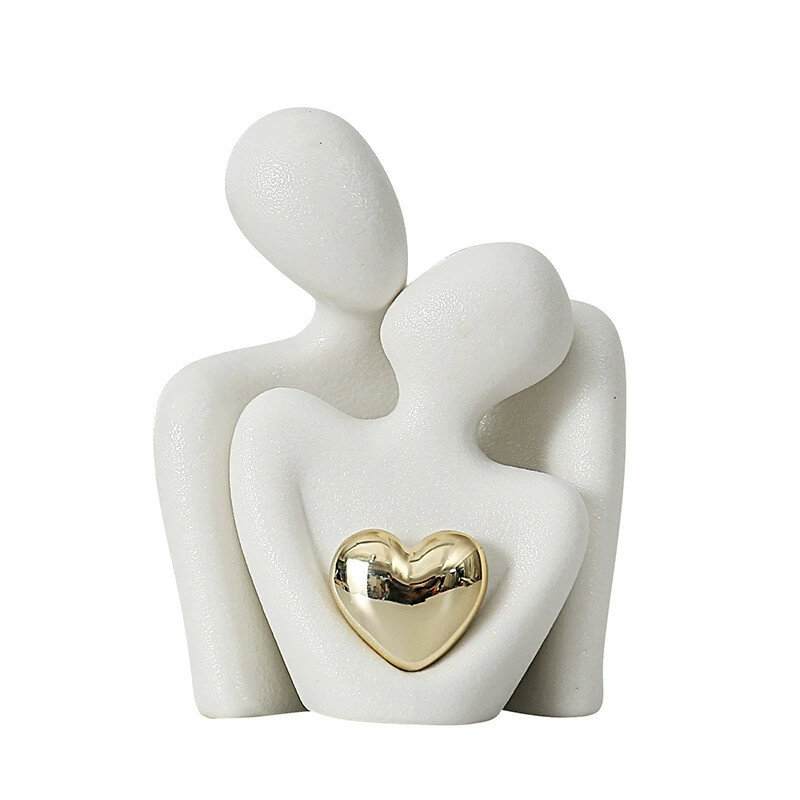 Heart ceramic love sculpture for wedding gift and home decor, white gold height 6.6 8.5cm