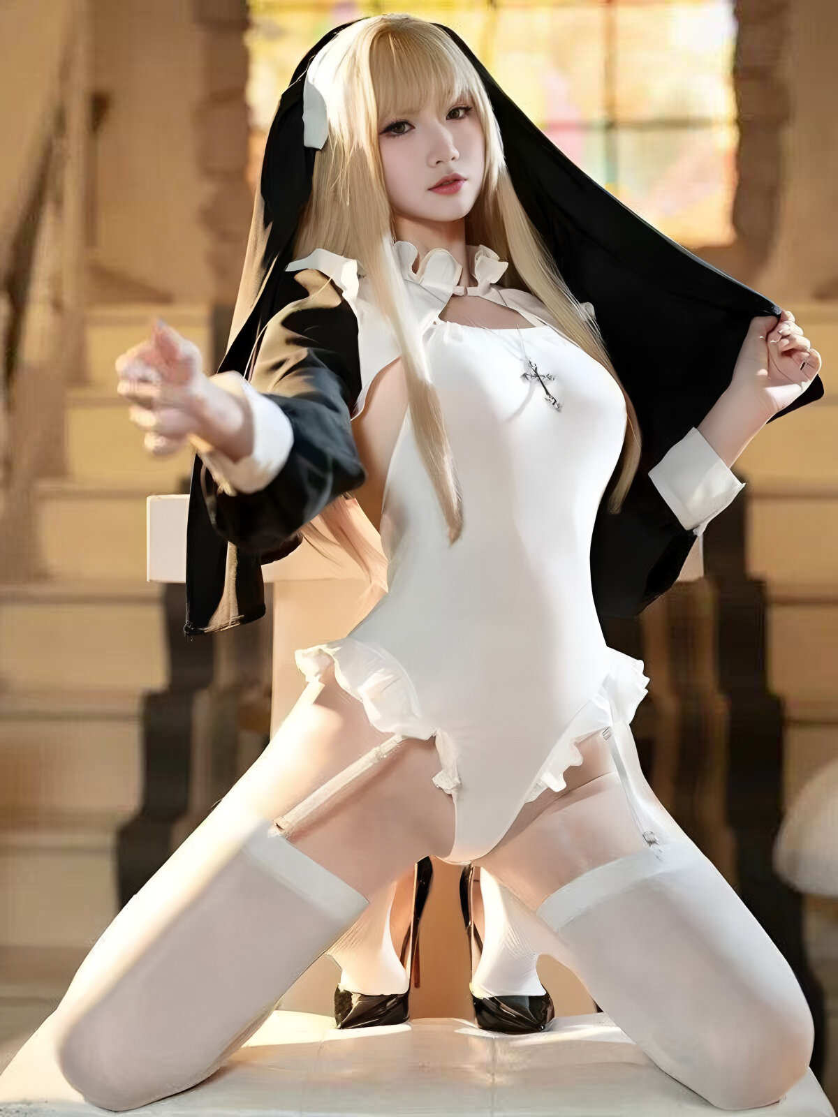 Эротические колготки "Униформа монахини", размер 40-50, черно-белые