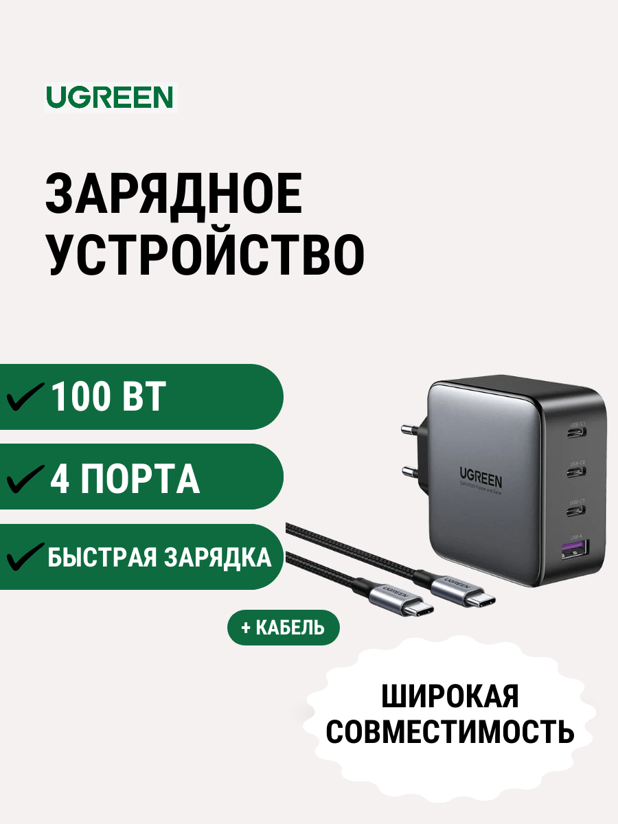 Сетевое зарядное устройство Ugreen CD226 USB A + 3 USB C 100W GaN Tech Fast Charger с кабелем Type-C (90575)