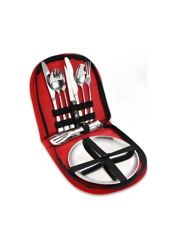 Персональный набор столовых приборов для кемпинга, набор столовых приборов для пикника (10 предметов): ложка, вилка, нож, зажим, тарелка с чехлом, походная посуда из нержавеющей стали и другое