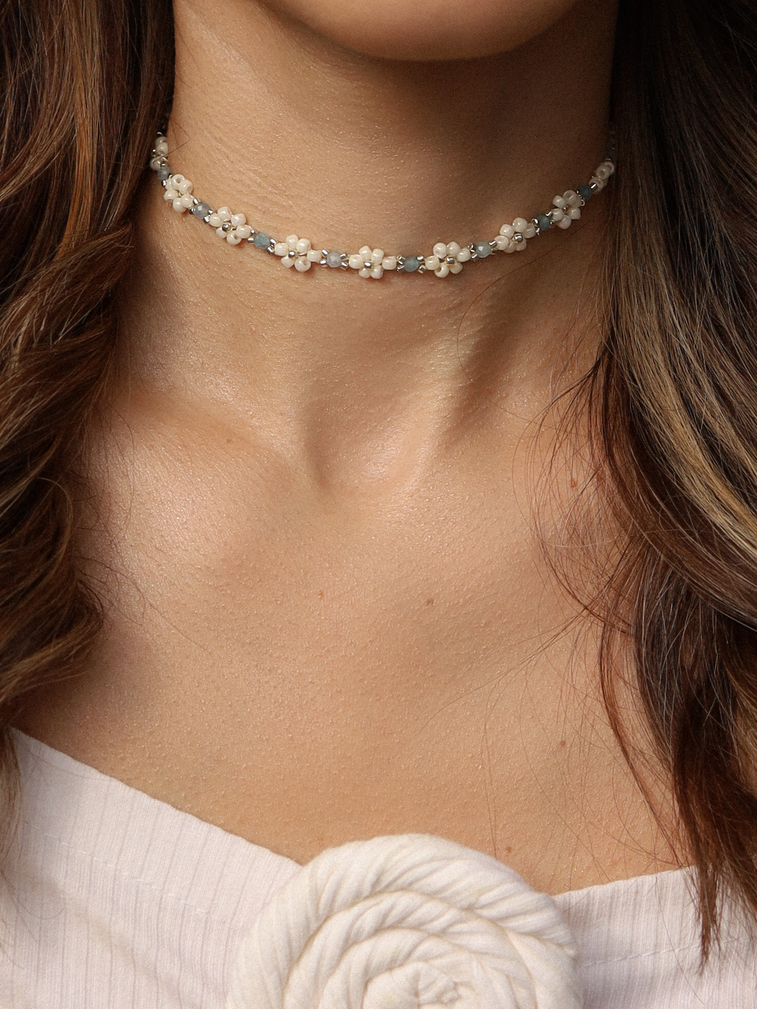 Колье, бисер, аквамарин