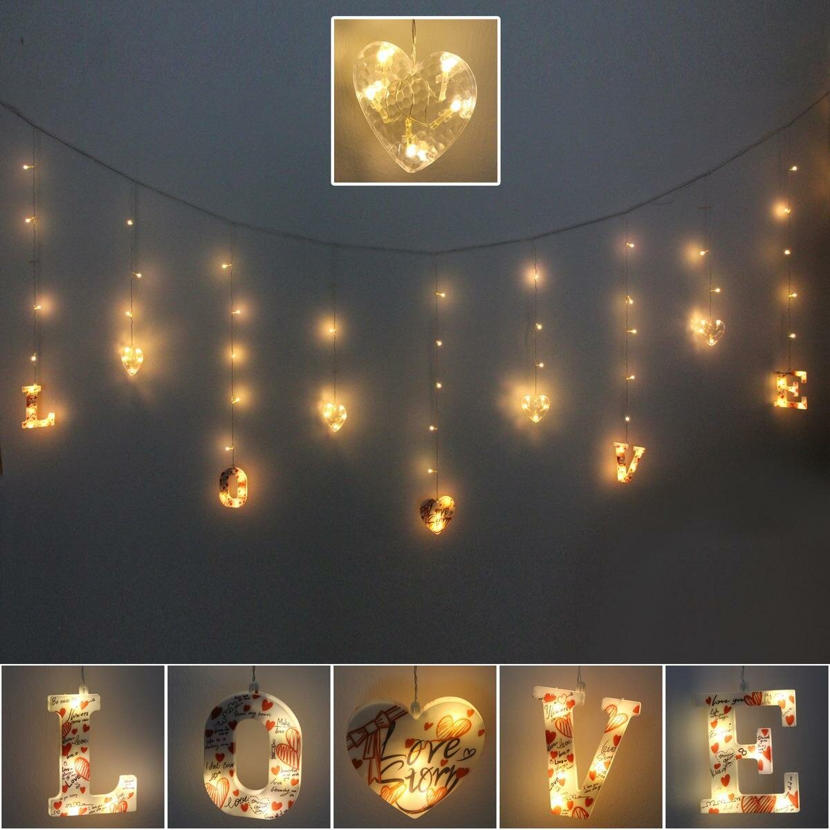 Гирлянда love для дома, 2,5 м, 90 LED, тёплый белый, 8 режимов, возможность соединения, материал металл/пластик