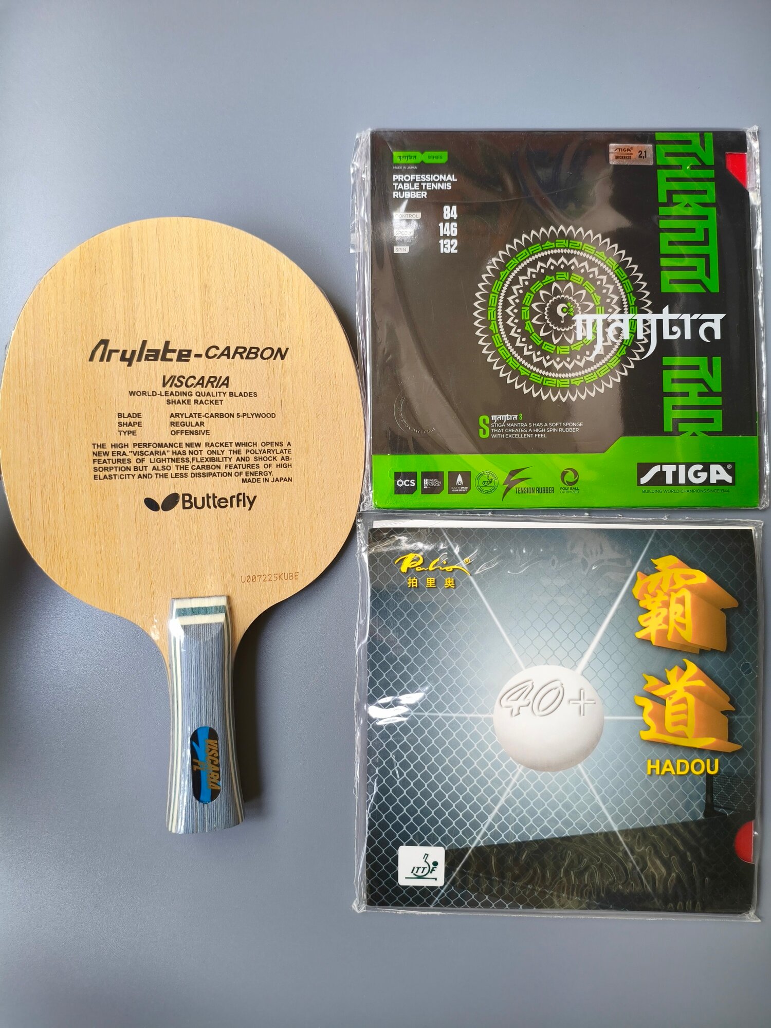 Ракетка ручной сборки Butterfly viscaria FL + Stiga mantra S + Palio hadou 40+