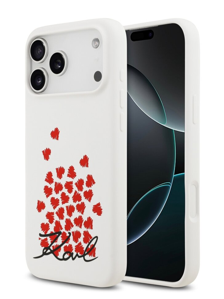 Karl Lagerfeld силиконовый чехол с MagSafe для iPhone 17 Pro, Liquid Silicone Hearts, белый