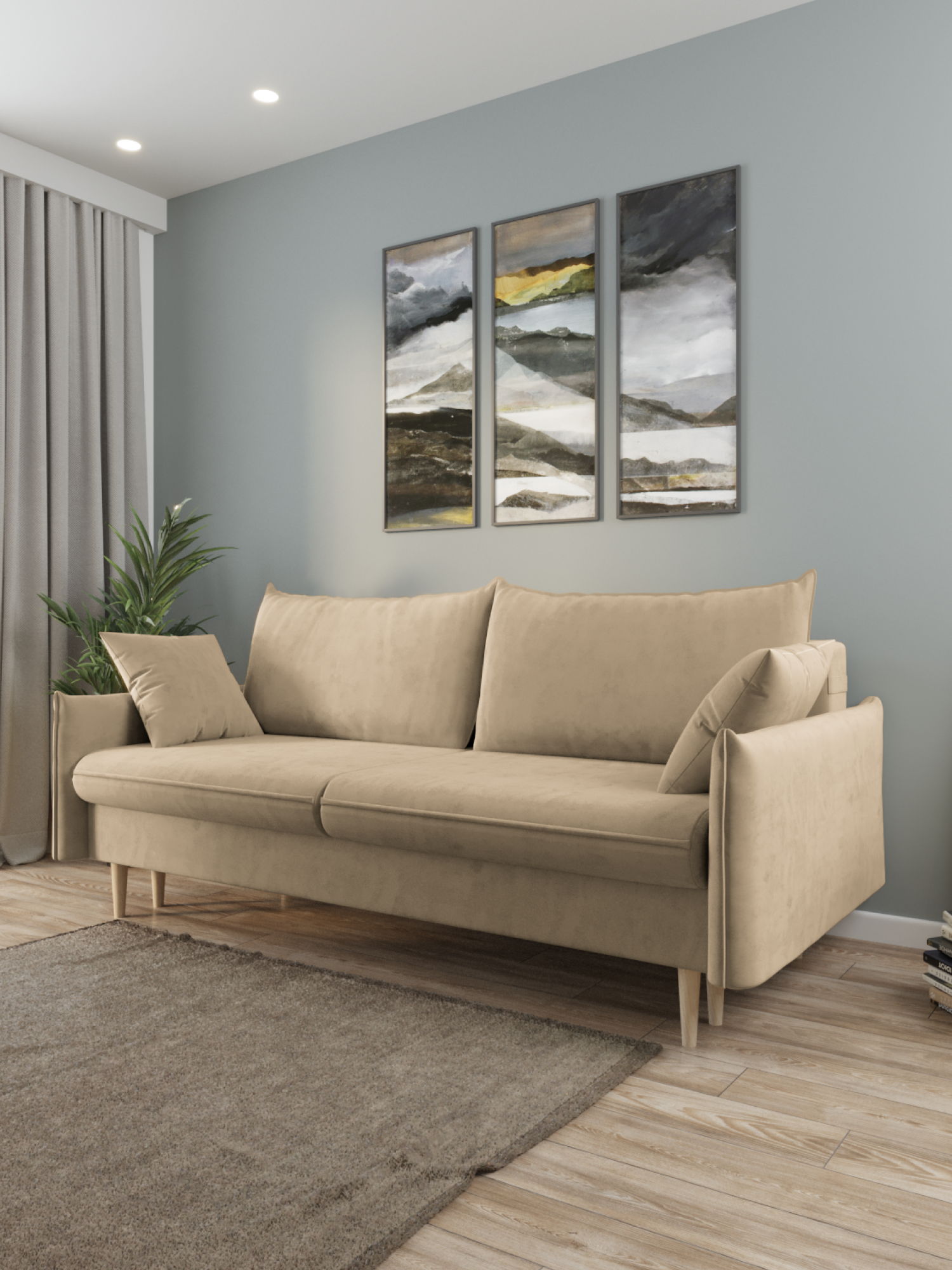 Диван-кровать Фьорд бежевый, механизм Тик-так, 214х98х80 см, Спальное место 147х198 см