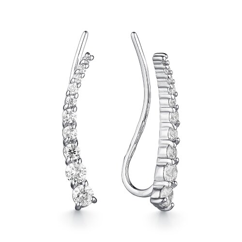 Серьги клаймберы, серебро, 925 проба, родирование, фианит
