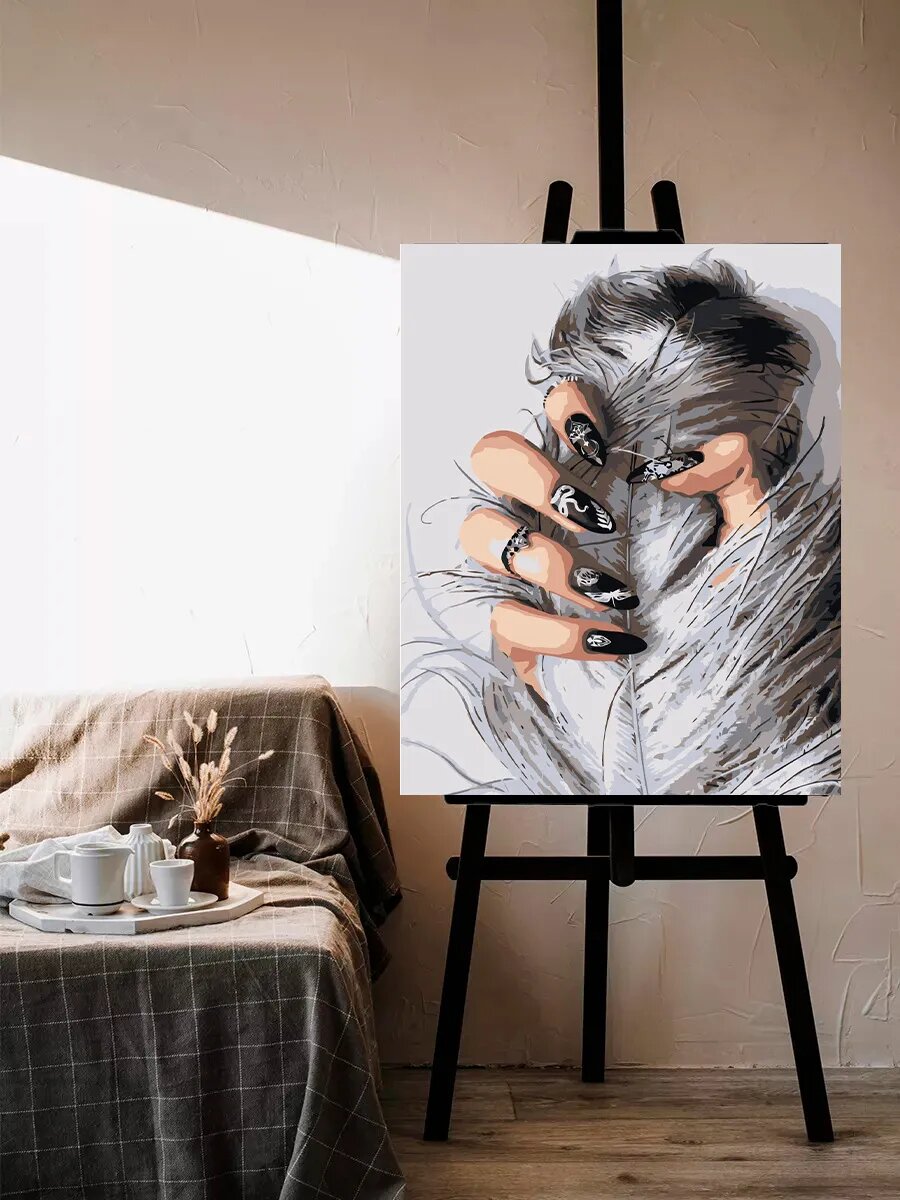 Картина по номерам Нейл- Черно-Белые Ногти Маникюр Перо