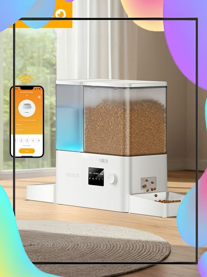 ROJECO Автоматическая кормушка 5 литра для животных WIFI, с Поилка 3,5 литра для кошек и собак, умный питатель с таймером, белая