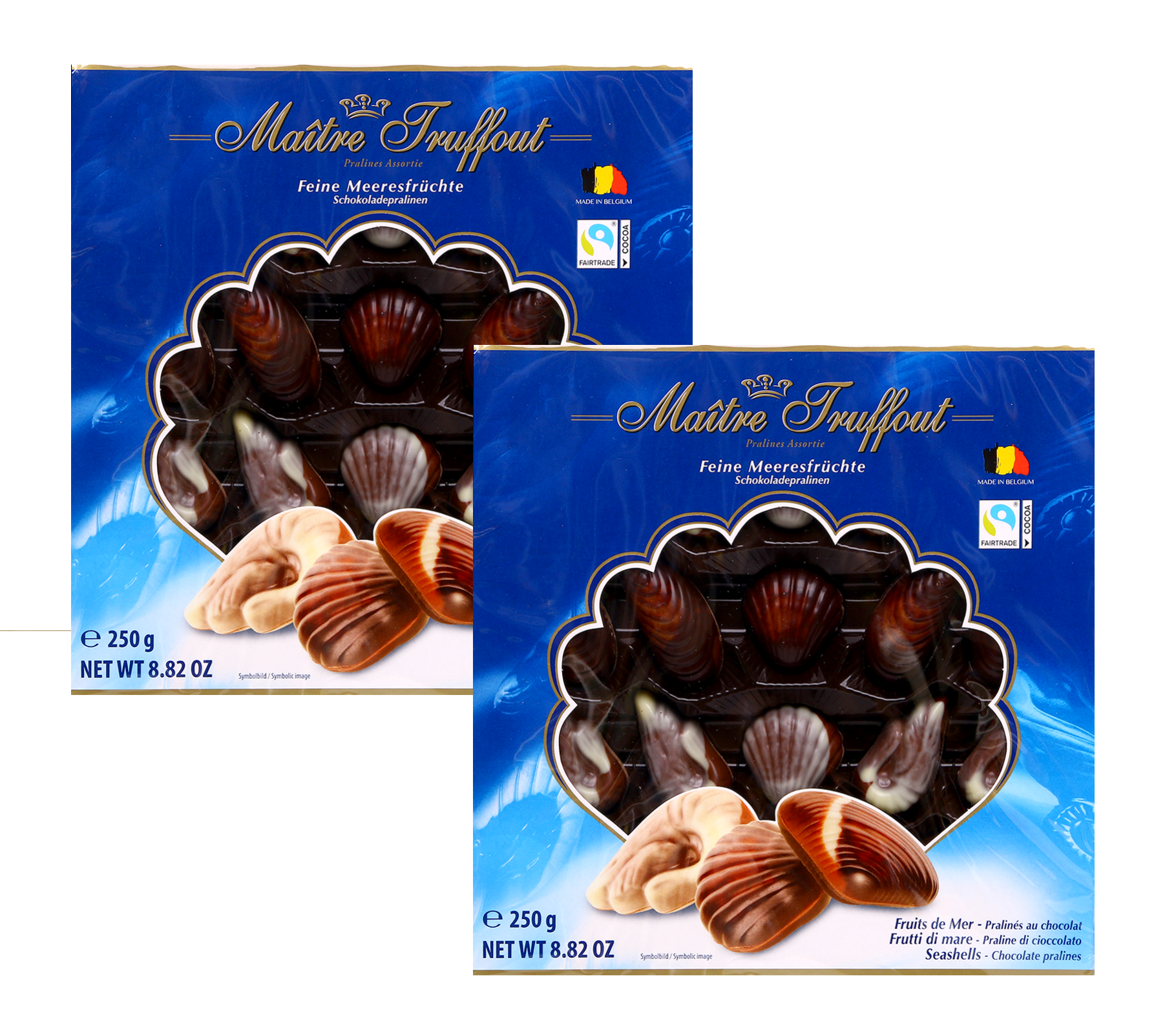 Maitre Truffout Шоколадные конфеты "Морские ракушки" с начинкой пралине 250г синяя коробка, 2 шт