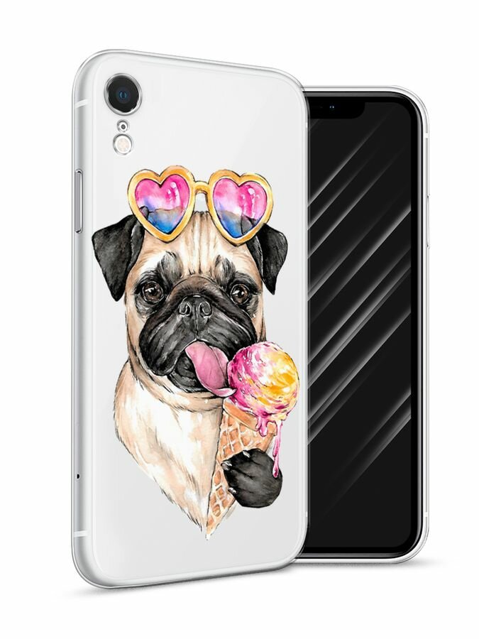 Чехол на Apple iPhone XR / Айфон XR с принтом Мопс с мороженкой, прозрачный