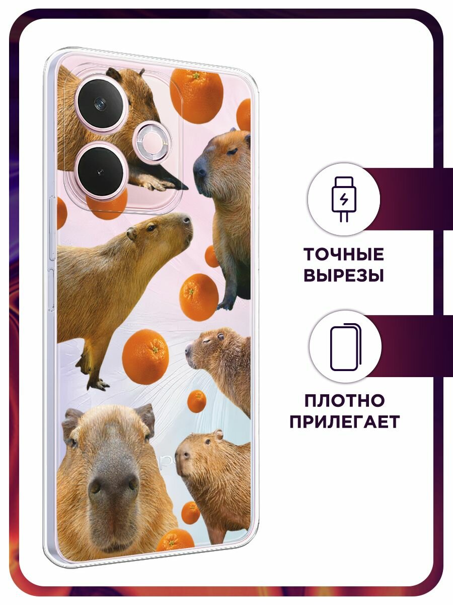 Чехол на Oppo A5 Pro / Оппо А5 Про с принтом "Капибара и апельсины", прозрачный — фото 1
