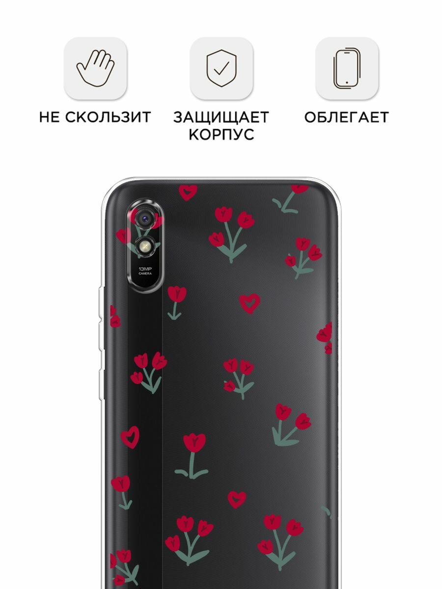 Чехол на Xiaomi Redmi 9A / Сяоми Редми 9А с принтом "Красные тюльпанчики", прозрачный — фото 1