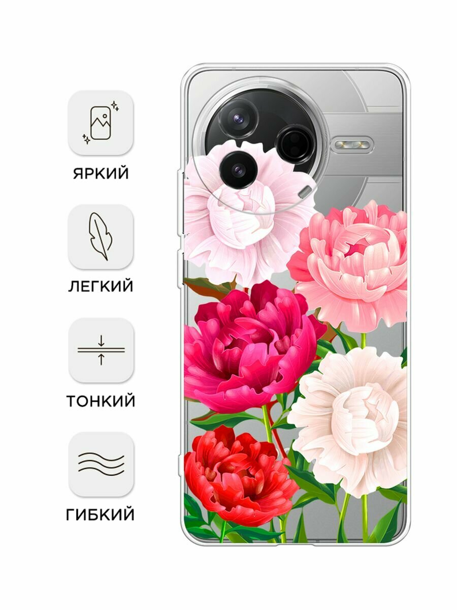 Чехол на Poco F7 Pro / Поко F7 Про с принтом "Большие пионы", прозрачный — фото 1