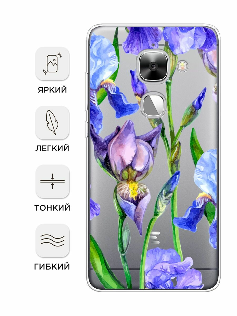 Чехол на LeEco Le 2/2 pro / Лееко Ле 2/2 про с принтом "Синие ирисы", прозрачный — фото 1