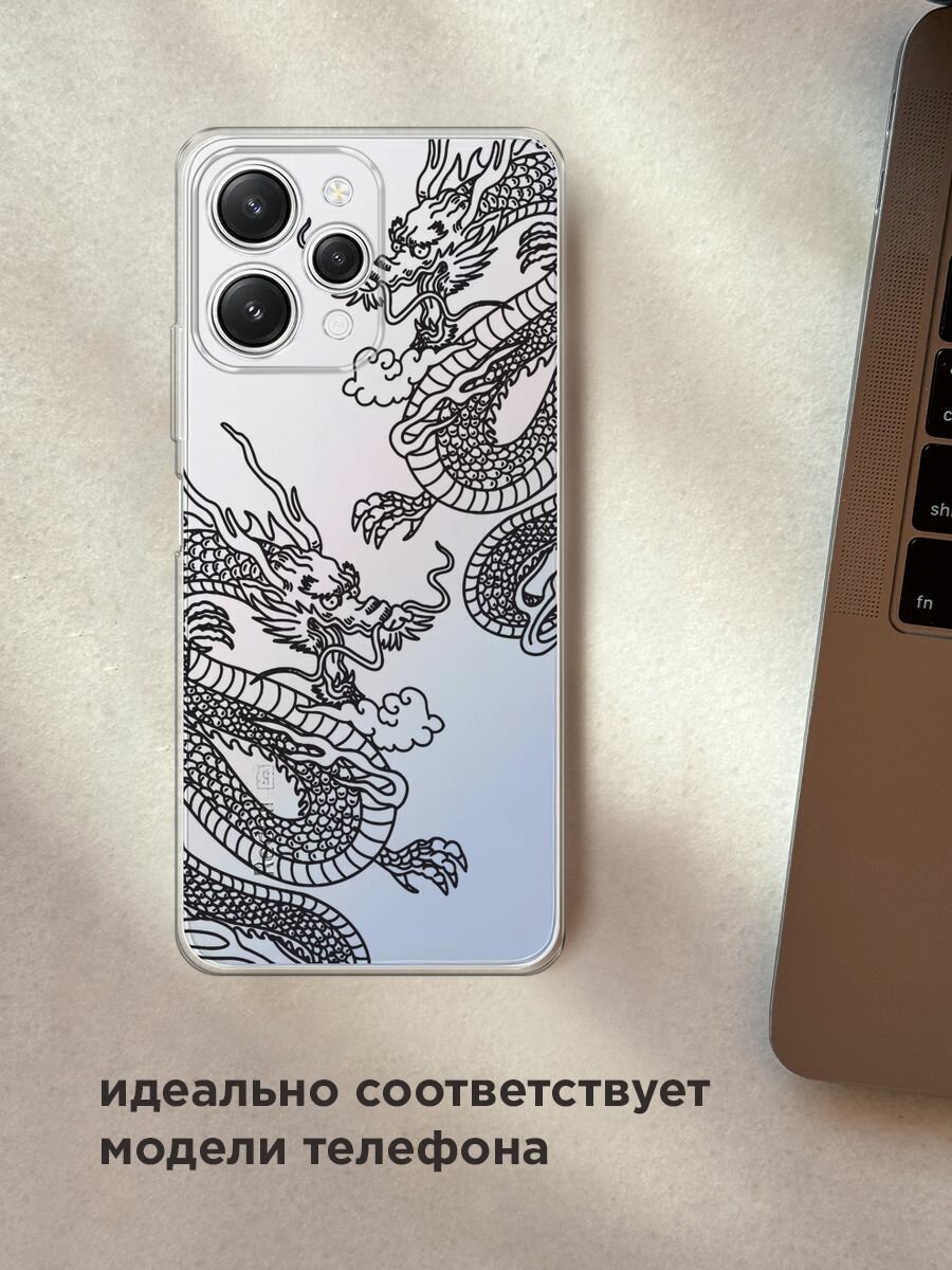 Чехол на Xiaomi Redmi 12 5G / Сяоми Редми 12 5G с принтом "Два китайских дракона", прозрачный — фото 1