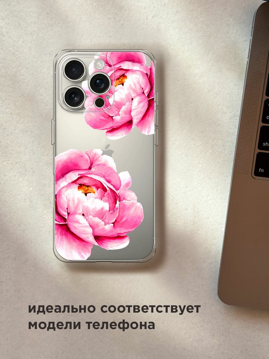 Чехол на Apple iPhone 16 Pro / Айфон 16 Про с принтом "Open peonies", прозрачный — фото 1