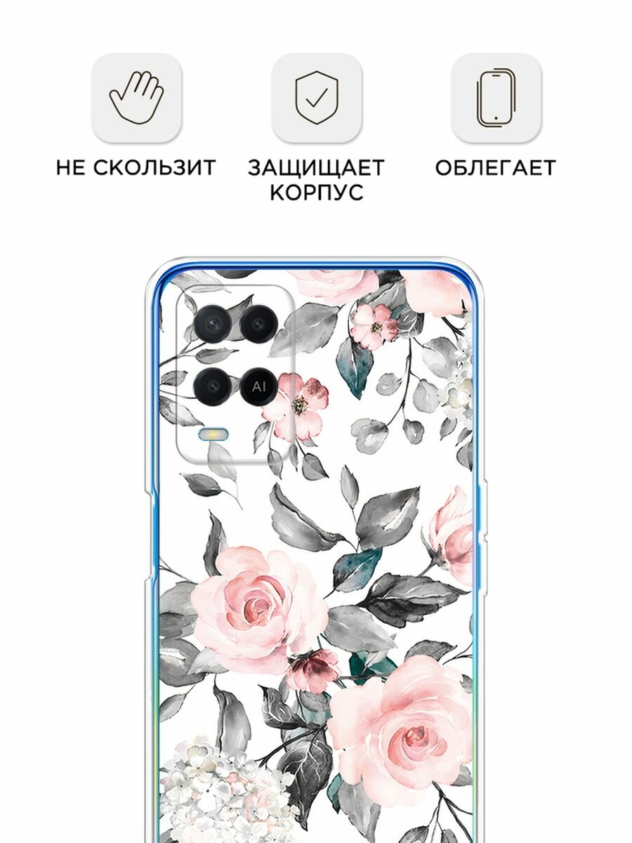 Силиконовый чехол на Oppo A54 / Оппо A54 с принтом "Розы на белом" — фото 1