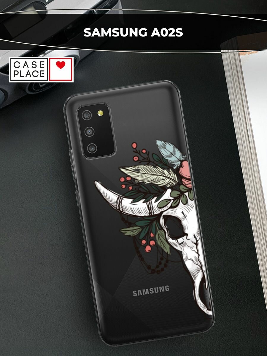 Чехол на Samsung Galaxy A02s / Самсунг Галакси A02s с принтом "Череп быка с цветами", прозрачный