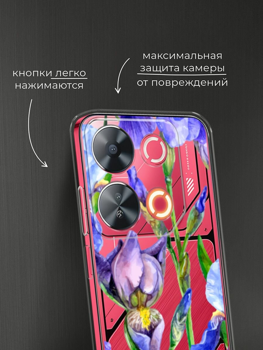 Чехол на Itel P65 / Ител P65 с принтом "Синие ирисы", прозрачный — фото 1