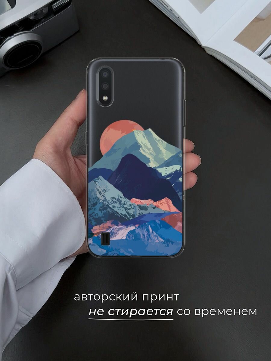 Чехол на Samsung Galaxy A01 / Самсунг Гэлакси А01 с принтом "Закат в снежных горах", прозрачный — фото 1