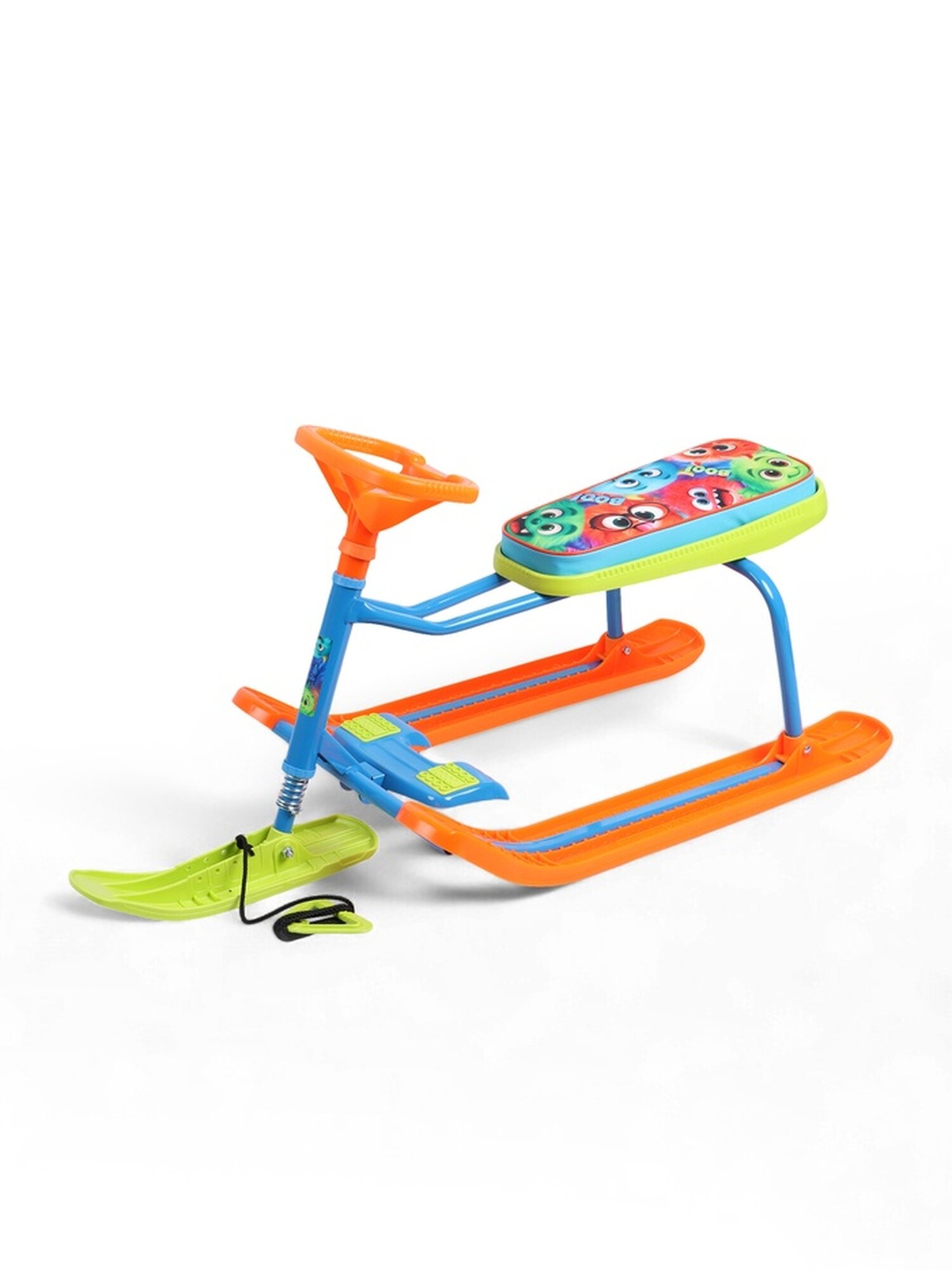 Снегокат ТС1-СЛ/М Snow Cat "Монстрики", амортизация, 100 кг, оранжевый/зеленый