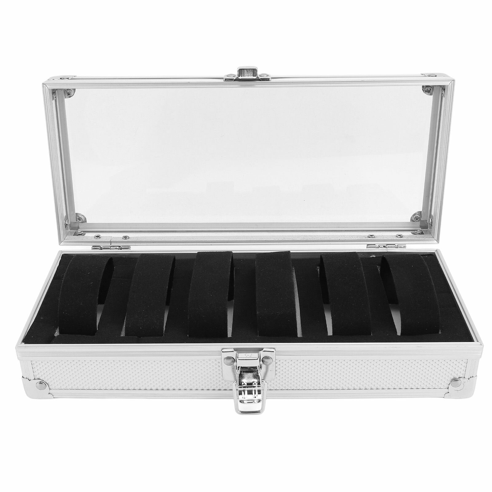 Коробка для часов с 6 отделениями, алюминиевый корпус с прозрачной крышкой, фланелевый внутренний органайзер для хранения ювелирных изделий и часов