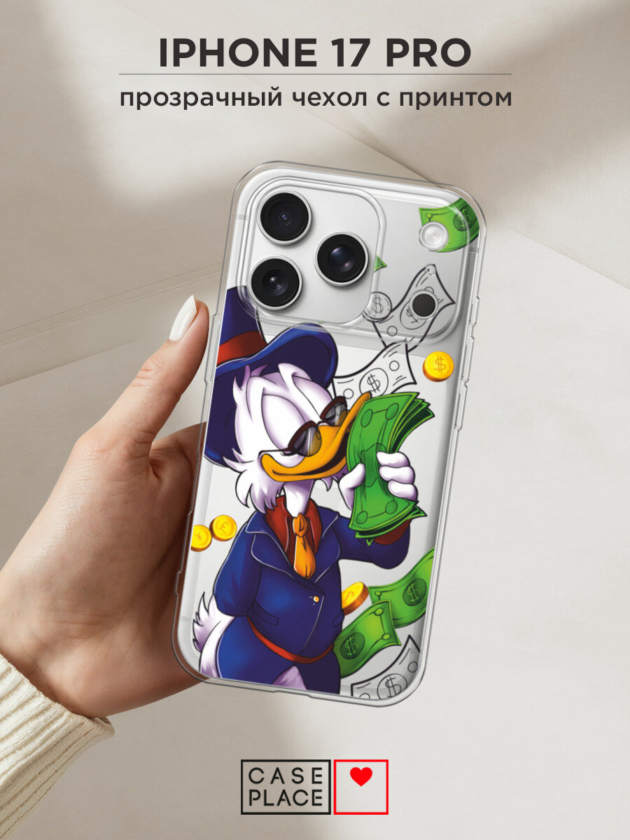 Чехол на Apple iPhone 17 Pro / Айфон 17 Про с принтом Scrooge McDuck with Money, прозрачный
