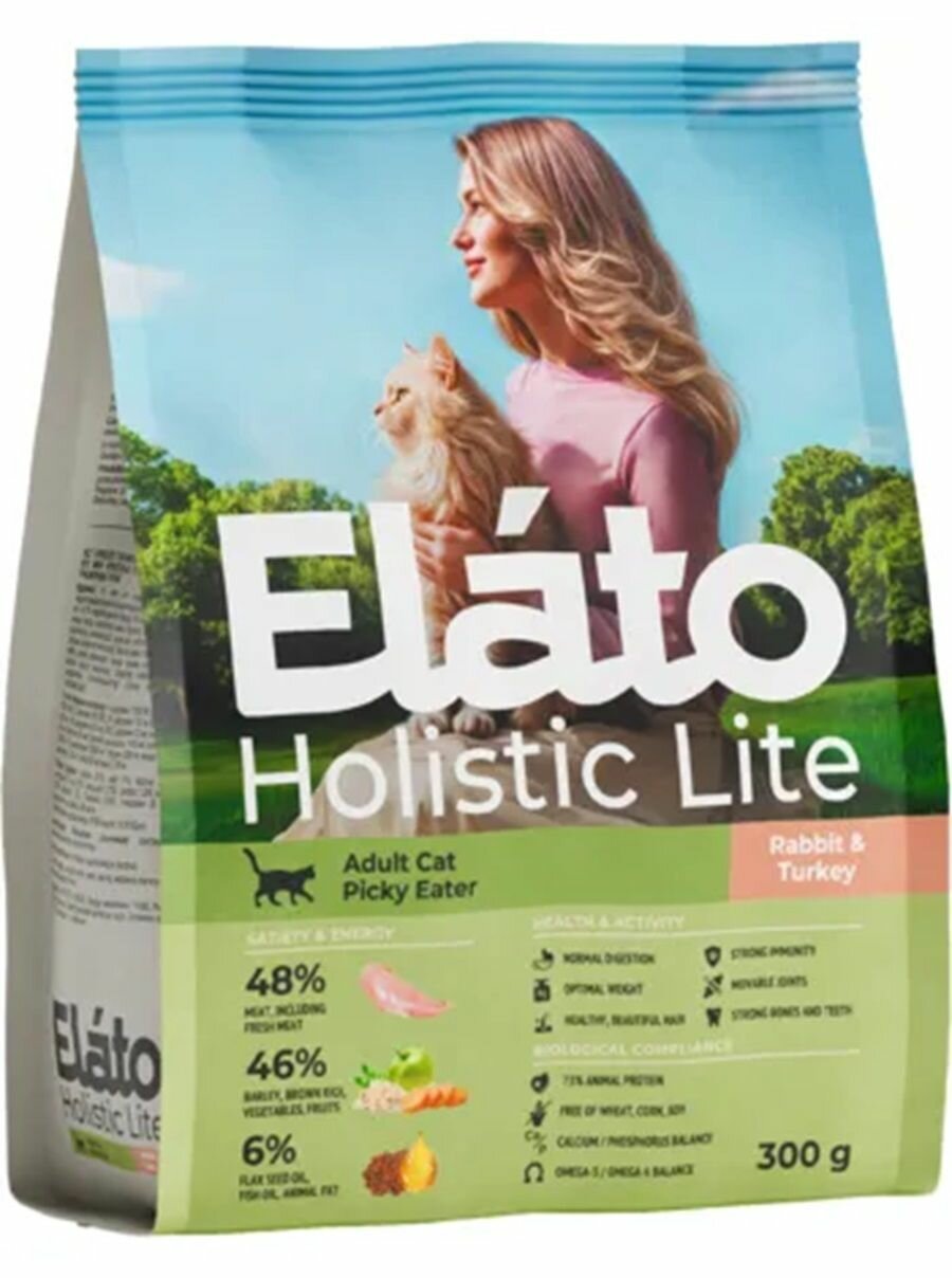 Elato Holistic lite Корм сухой для кошек, привередливых, кролик и индейка, 300г