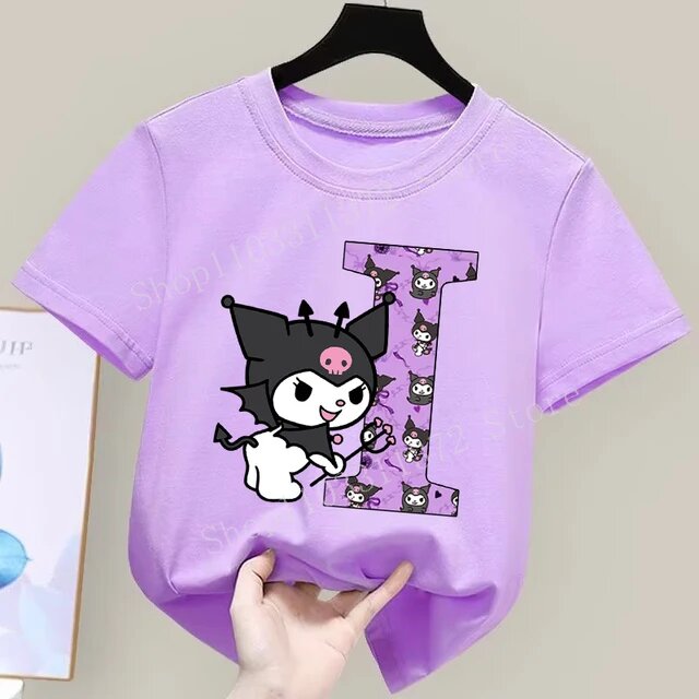Детская футболка Sanrio Kuromi с милым мультяшным принтом в виде букв AZ и аниме, модная одежда для девочек, топы из хлопка с короткими рукавами для малышей, Размер:110