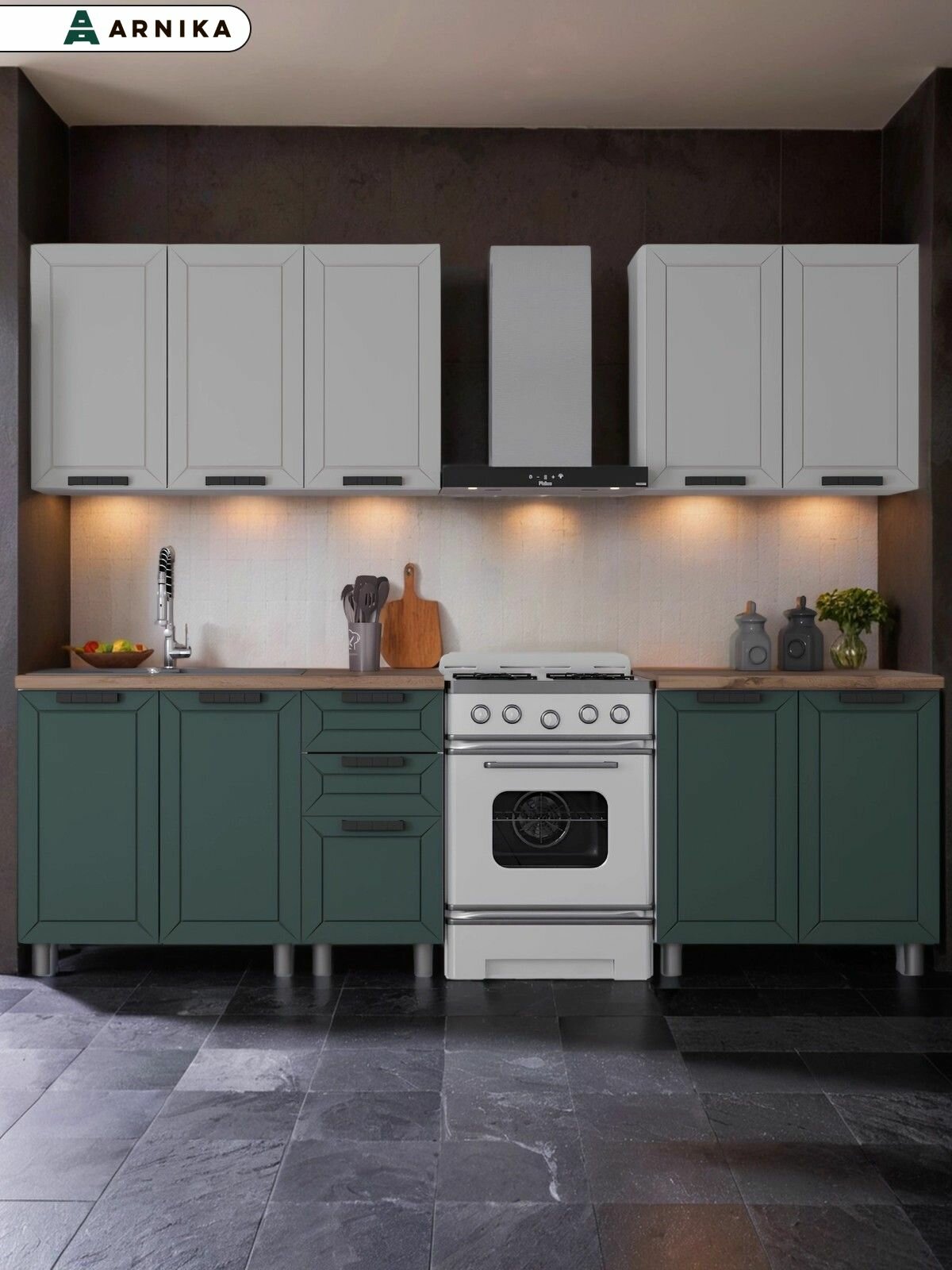 ARNIKA Кухонный гарнитур со столешницей 2 м Керамика/Изумруд, скоба черный, сонома