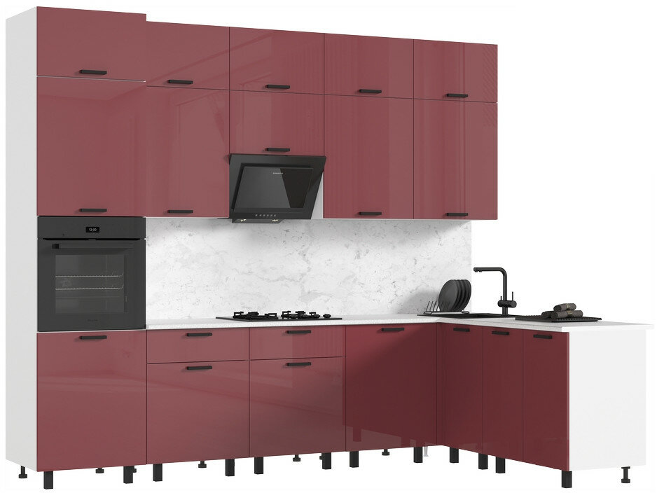 Угловая кухня 3,0х1,8/1080м Компоновка №6, Белый/Марсала глянец