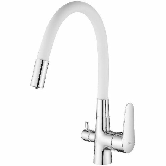 Смеситель для кухни Esko с гибким изливом и подключением фильтра Coral CL 03 W, хром/белый