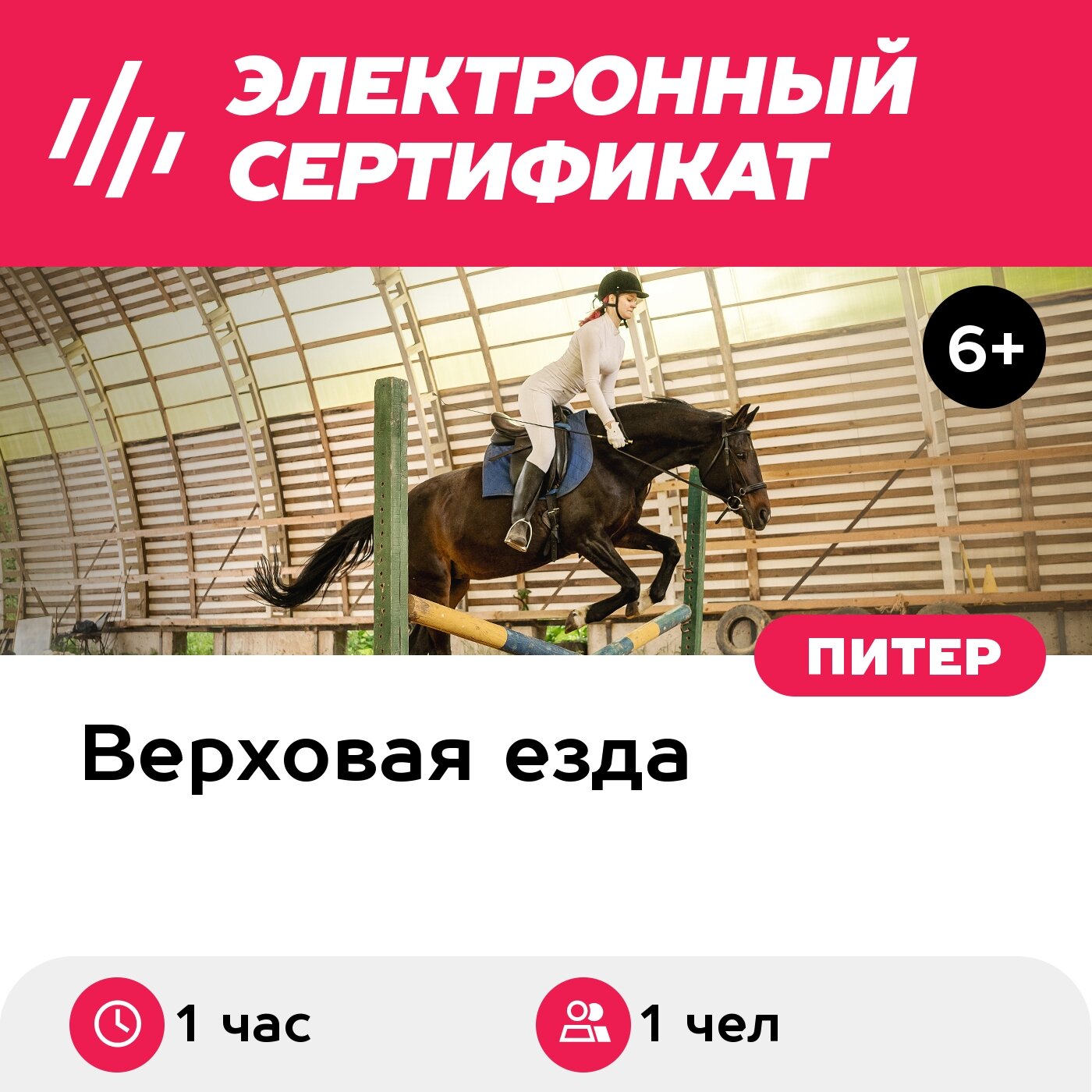 Подарочный сертификат Тренировка по конкуру или выездке, 1 чел. в мини-группе (1 час, выходные)