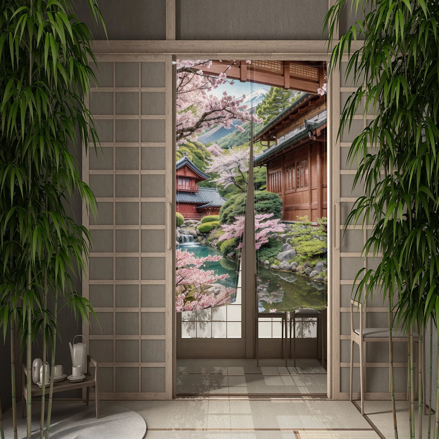 Японская раздельная дверная занавеска Noren Сакура 100x200cm, 6